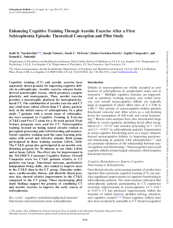 (PDF) Enhancing Cognitive Training Through Aerobic Exercise After a First Schizophrenia Episode ...
