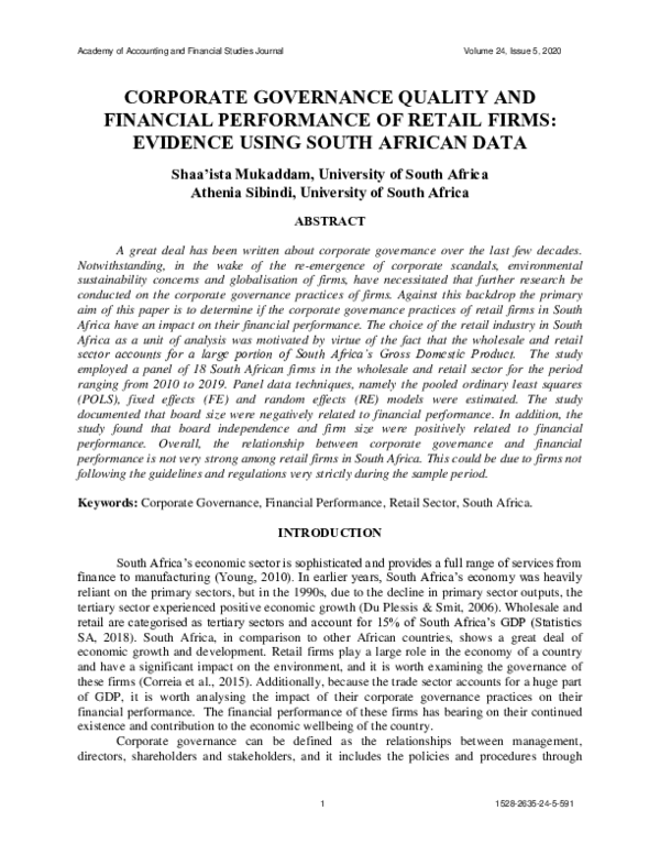 (PDF) Corporate Governance Quality and Financial Performance of Retail Firms: Evidence Using ...