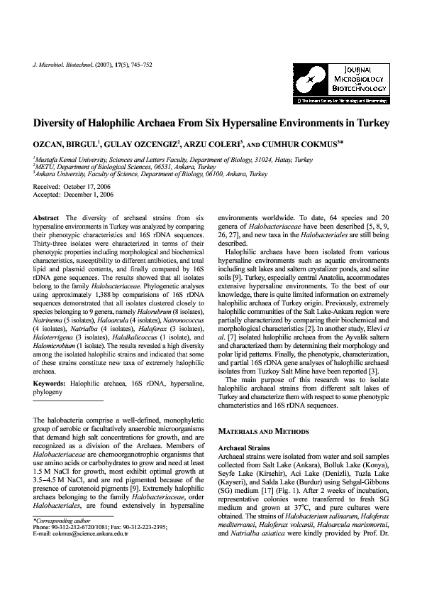 (PDF) Diversity of halophilic archaea from six hypersaline environments in Turkey