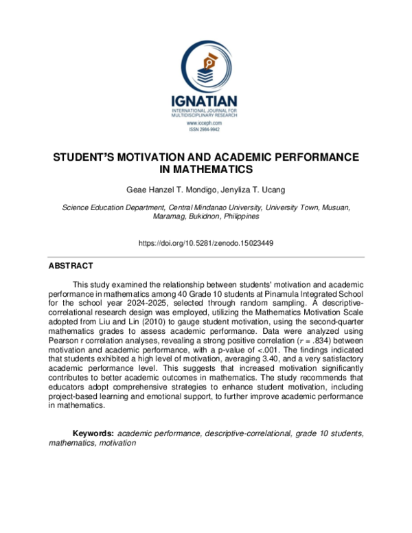 (PDF) STUDENT S MOTIVATION AND ACADEMIC PERFORMANCE IN MATHEMATICS