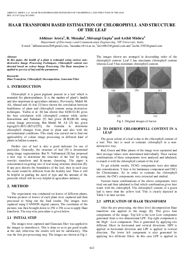 (PDF) Haar Transform Based Estimation of Chlorophyll and Structure of ...