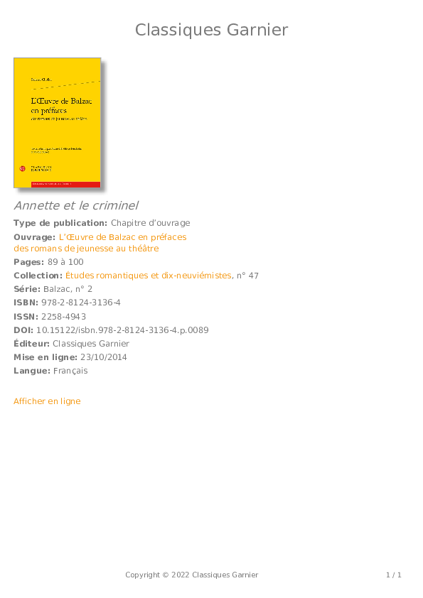 (PDF) L’Œuvre de Balzac en préfaces des romans de jeunesse au théâtre ...