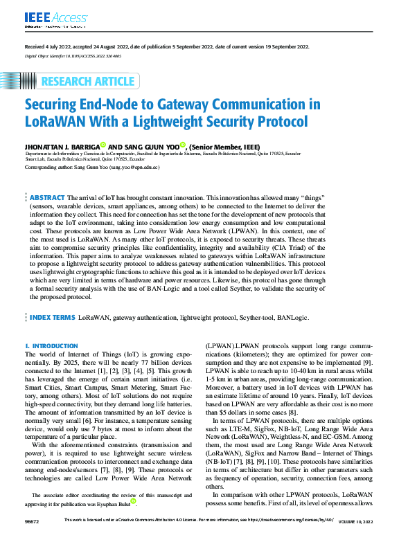(PDF) Securing End-Node to Gateway Communication in LoRaWAN With a Lightweight Security Protocol