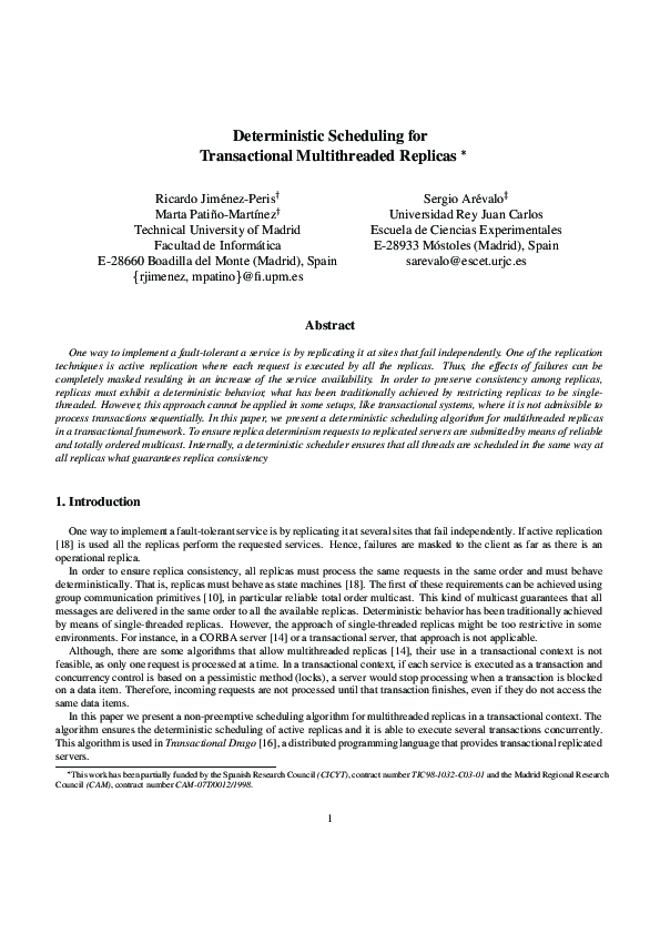 Pdf Deterministic Scheduling For Transactional Multithreaded Replicas