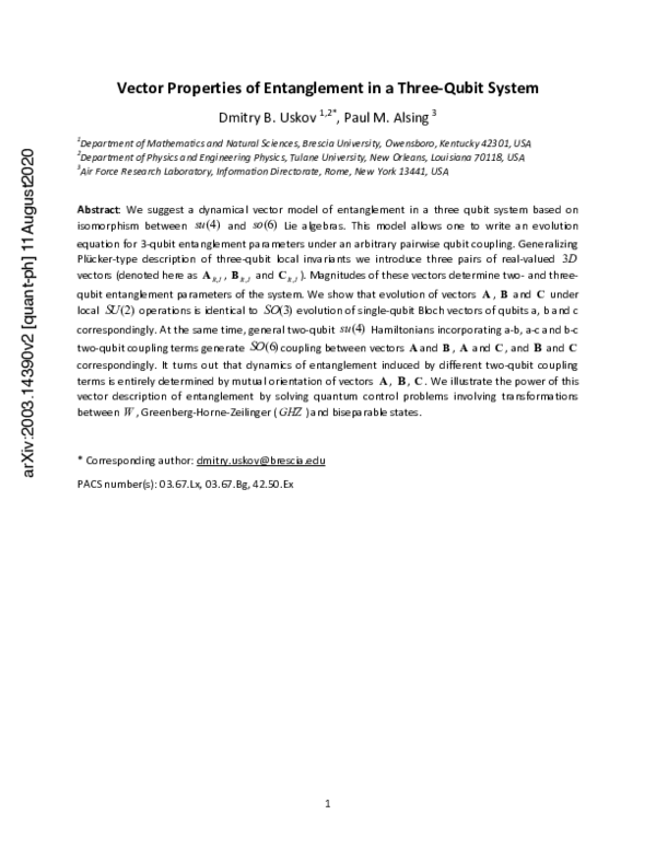 (PDF) Vector properties of entanglement in a three-qubit system