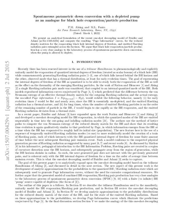 (PDF) Spontaneous parametric down conversion with a depleted pump as an analogue for black hole ...