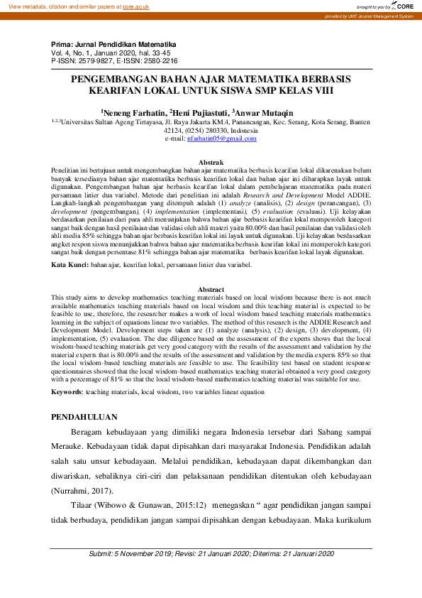 (PDF) Pengembangan Bahan Ajar Matematika Berbasis Kearifan Lokal Untuk Siswa SMP Kelas VIII