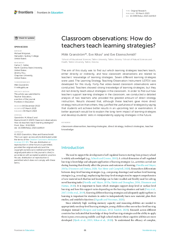 (PDF) Classroom observations: How do teachers teach learning strategies?