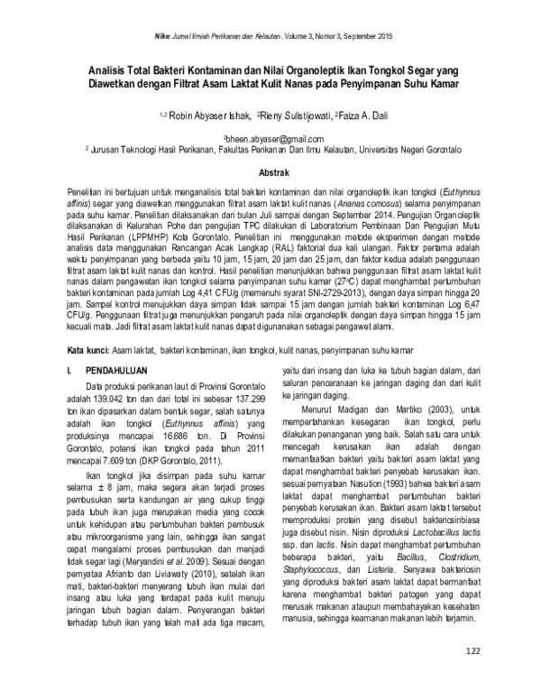 (PDF) Analisis Total Bakteri Kontaminan dan Nilai Organoleptik Ikan Tongkol Segar yang Diawetkan ...