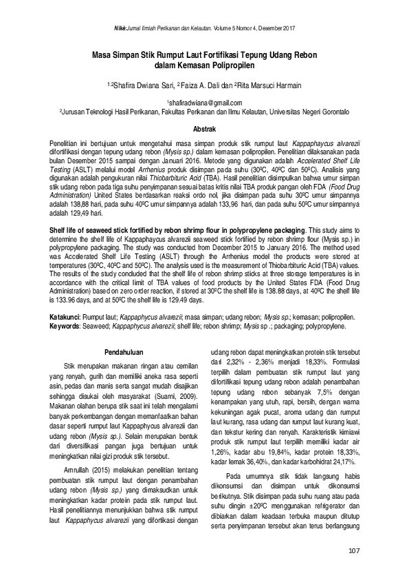 (PDF) Masa Simpan Stik Rumput Laut Fortifikasi Tepung Udang Rebon dalam ...