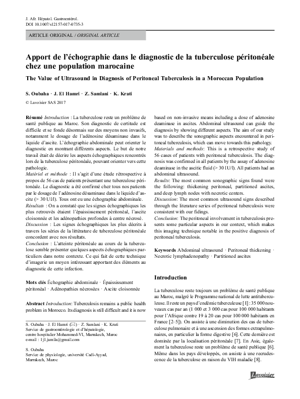 (PDF) Apport de l’échographie dans le diagnostic de la tuberculose péritonéale chez une ...
