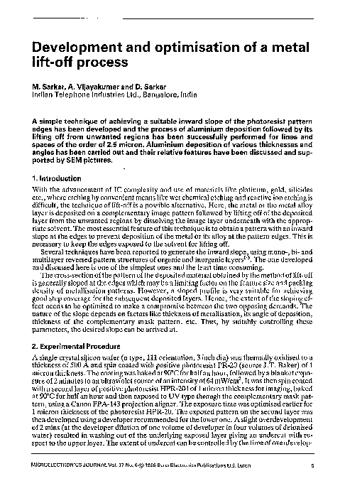 Development and optimisation of a metal lift-off process