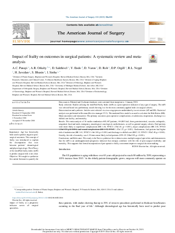 (PDF) Impact of frailty on outcomes in surgical patients: A systematic ...