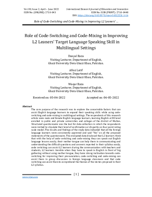 (PDF) Role of Code-Switching and Code-Mixing in Improving L2 Leaners’ Target Language Speaking ...
