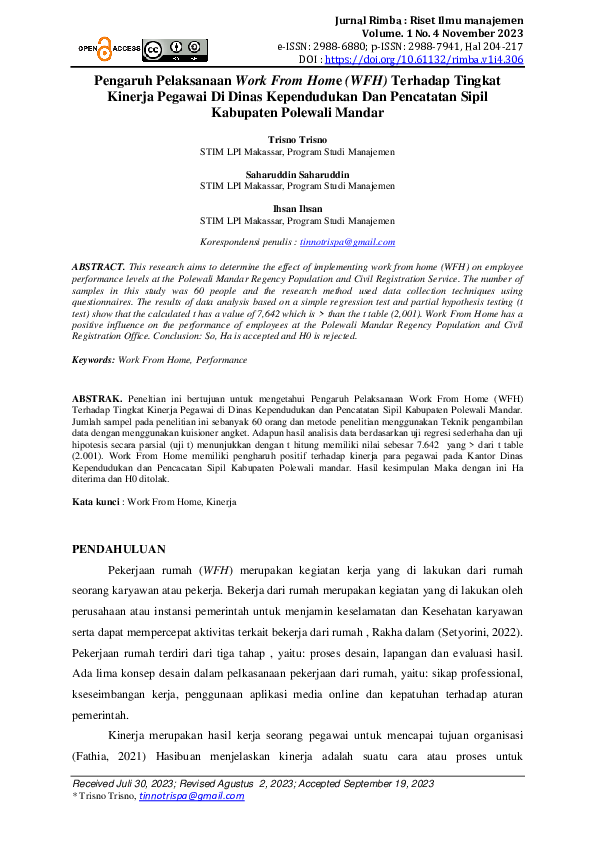 (PDF) Pengaruh Pelaksanaan Work From Home (WFH) Terhadap Tingkat Kinerja Pegawai Di Dinas ...