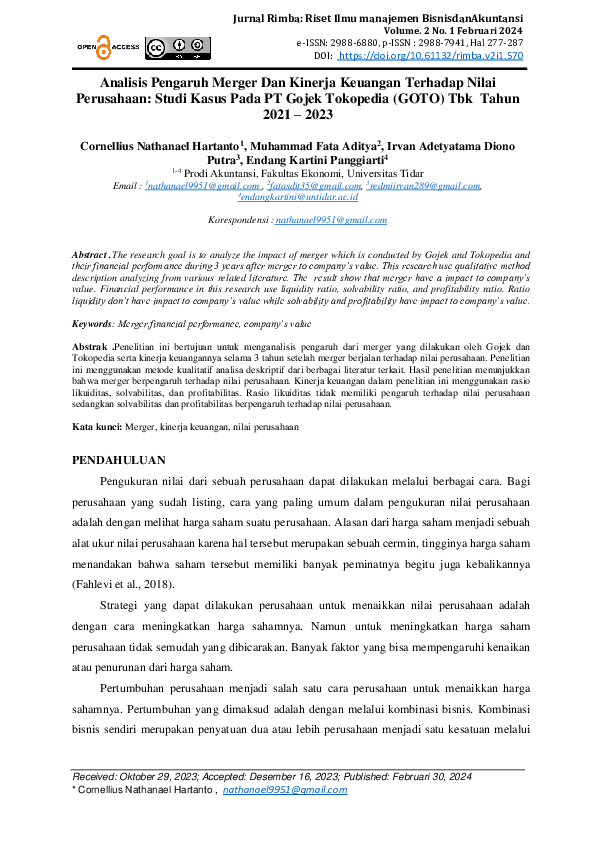 (PDF) Analisis Pengaruh Merger Dan Kinerja Keuangan Terhadap Nilai ...