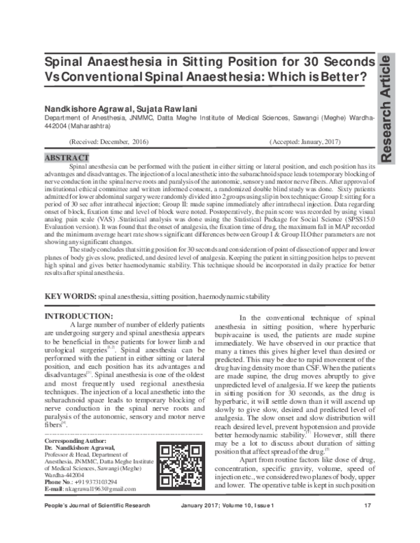 (PDF) Spinal Anaesthesia in Sitting Position for 30 Seconds Vs ...