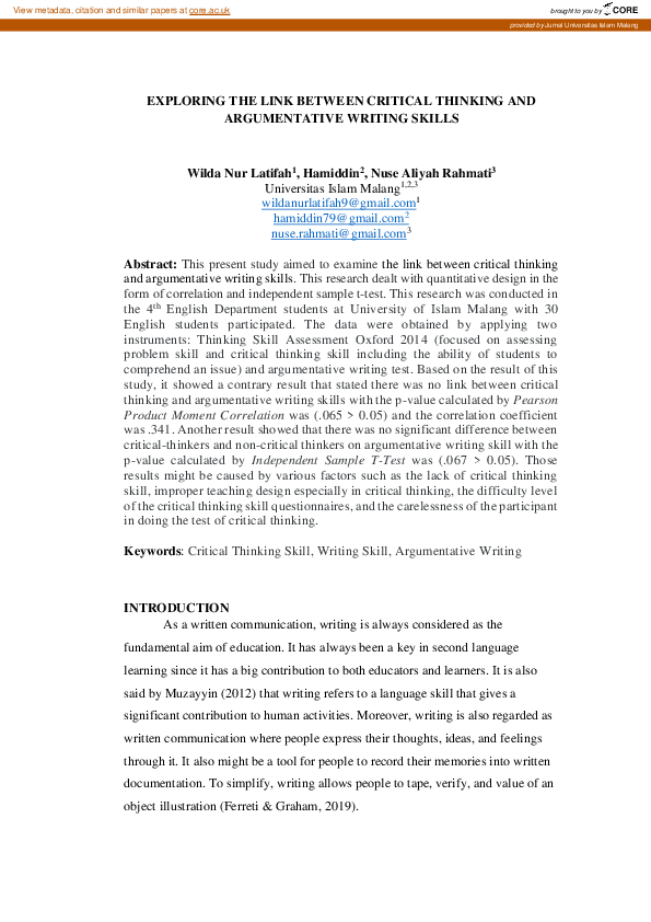 (PDF) Exploring the Link Between Critical Thinking and Argumentative ...