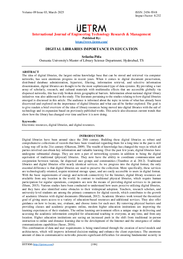 (PDF) DIGITAL LIBRARIES IMPORTANCE IN EDUCATION