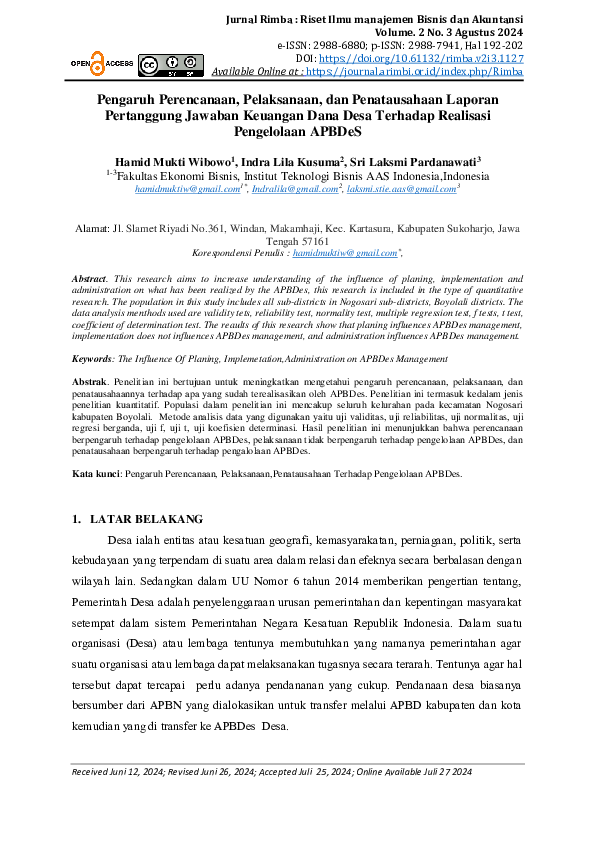 (PDF) Pengaruh Perencanaan, Pelaksanaan, dan Penatausahaan Laporan Pertanggung Jawaban Keuangan ...