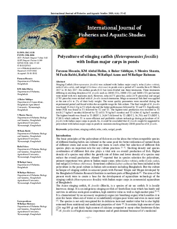(PDF) Polyculture of stinging catfish ( Heteropneustes fossilis ) with ...
