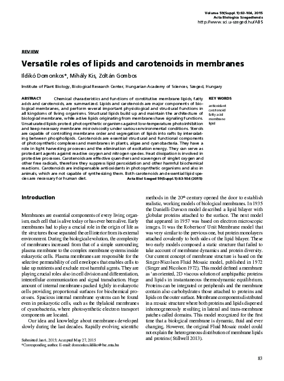 (PDF) Versatile roles of lipids and carotenoids in membranes