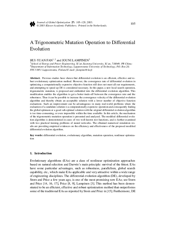 (PDF) A Trigonometric Mutation Operation to Differential Evolution