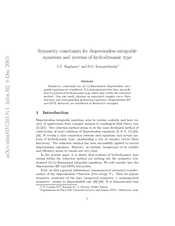 (PDF) Symmetry constraints for dispersionless integrable equations and systems of hydrodynamic type