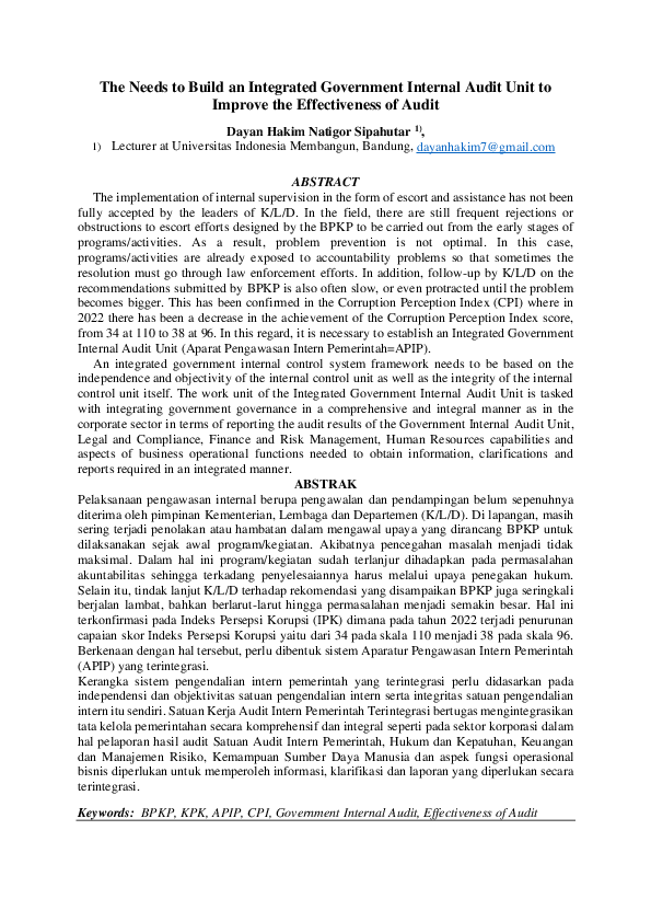 (PDF) The Needs to Build an Integrated Government Internal Audit Unit to Improve the ...