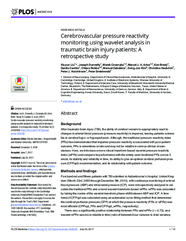 (PDF) Cerebrovascular pressure reactivity monitoring using wavelet ...