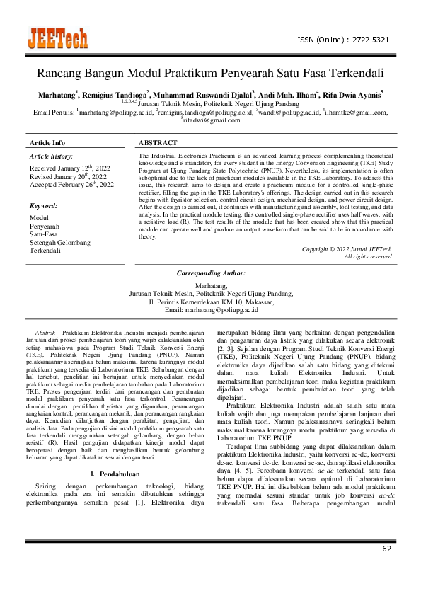(PDF) Rancang Bangun Modul Praktikum Penyearah Satu Fasa Terkendali