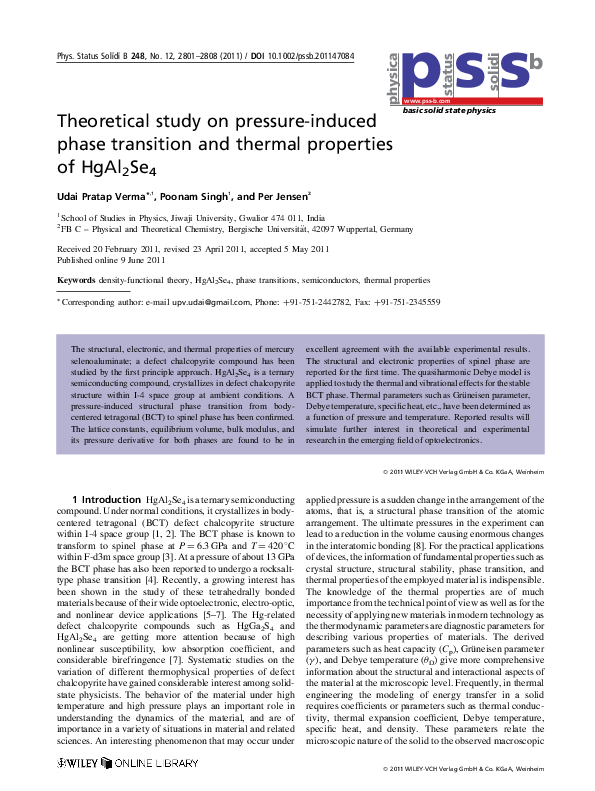 (PDF) Theoretical study on pressure-induced phase transition and thermal properties of HgAl2Se4