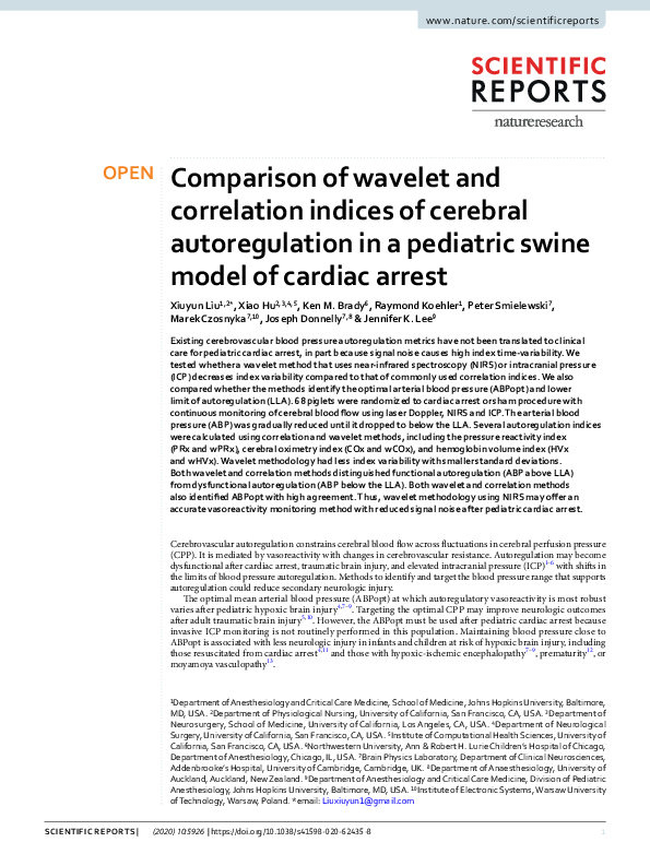 (PDF) Comparison of wavelet and correlation indices of cerebral autoregulation in a pediatric ...