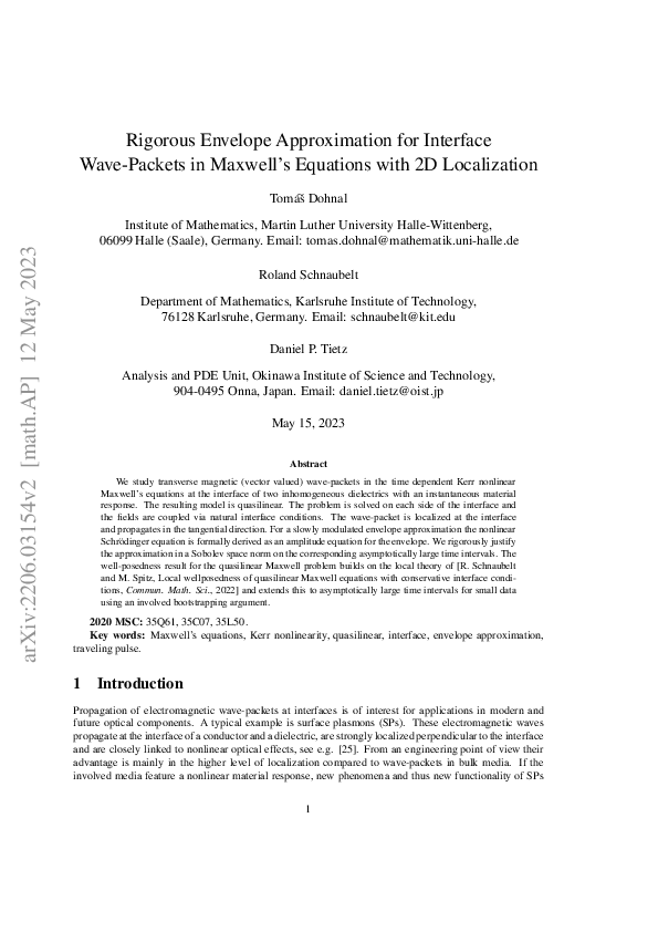 (PDF) Rigorous Envelope Approximation for Interface Wave-Packets in Maxwell's Equations with 2D ...