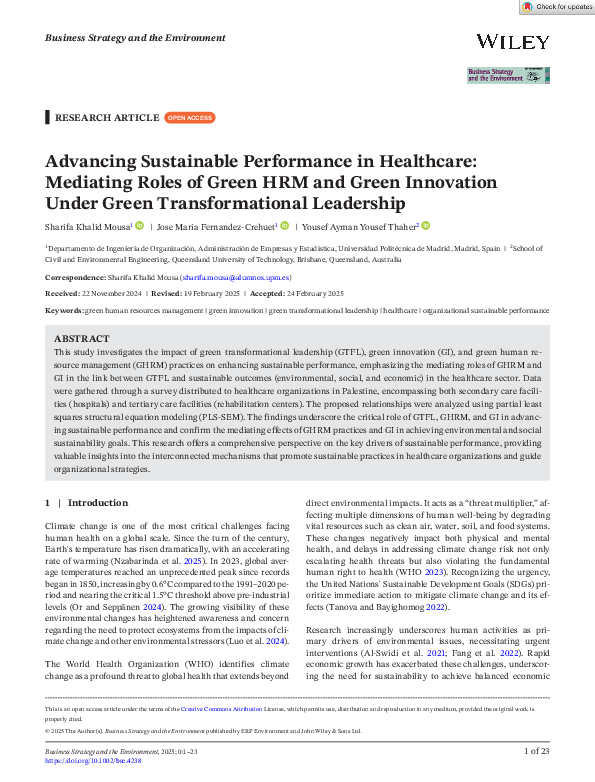 (PDF) Advancing Sustainable Performance in Healthcare: Mediating Roles of Green HRM and Green ...