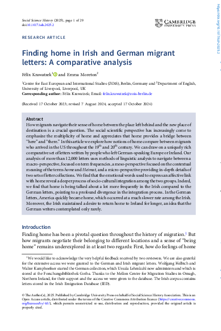 (PDF) Finding home in Irish and German migrant letters: A comparative ...