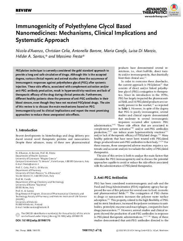(PDF) Immunogenicity of Polyethylene Glycol Based Nanomedicines: Mechanisms, Clinical ...