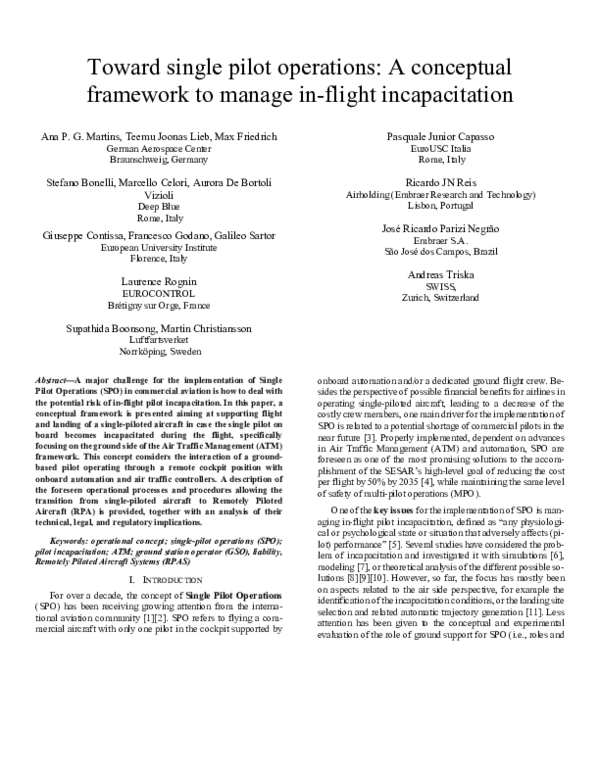 (PDF) Toward single pilot operations: A conceptual framework to manage in-flight incapacitation