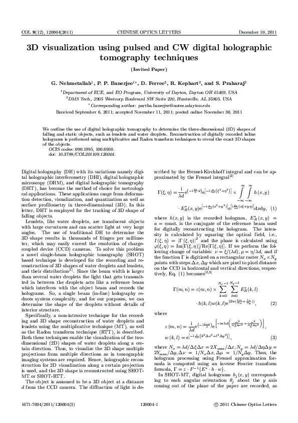 (PDF) 3D visualization using pulsed and CW digital holographic tomography techniques (Invited Paper)