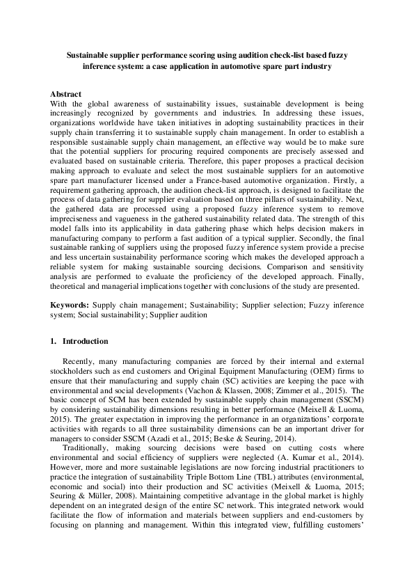 Pdf Sustainable Supplier Performance Scoring Using Audition Check List Based Fuzzy Inference
