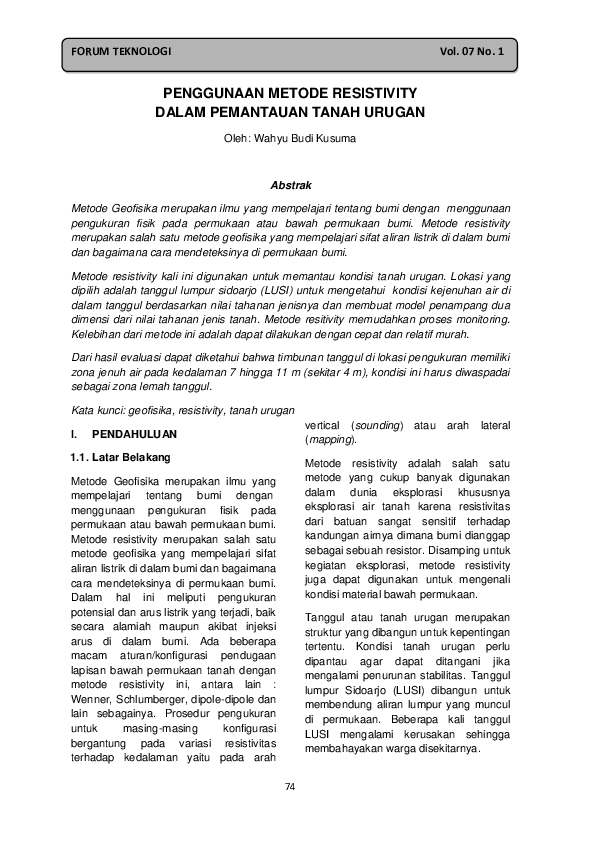 (PDF) Penggunaan Metode Resistivity Dalam Pemantauan Tanah Urugan