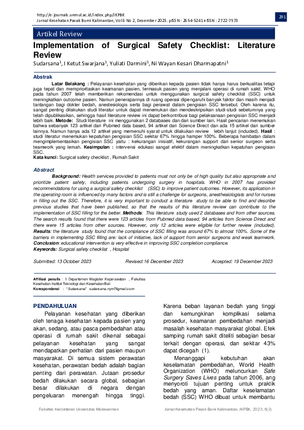 (PDF) Implementation of Surgical Safety Checklist : Literature Review