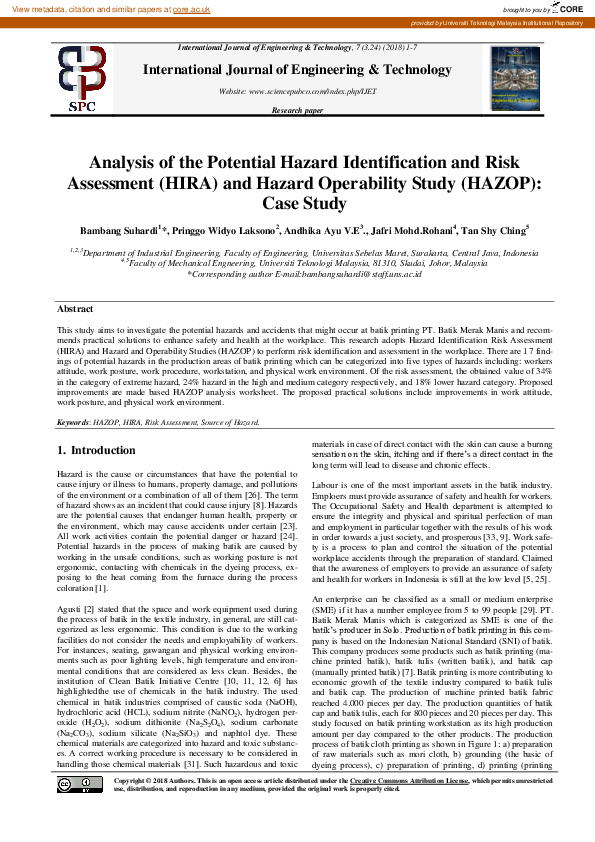(PDF) Analysis of the Potential Hazard Identification and Risk Assessment (HIRA) and Hazard ...