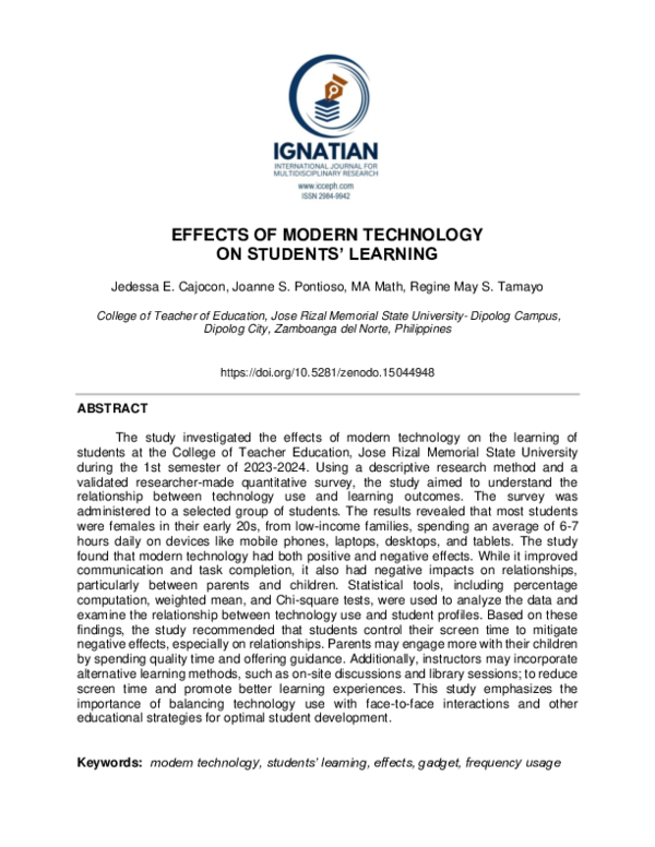 (PDF) EFFECTS OF MODERN TECHNOLOGY ON STUDENTS' LEARNING