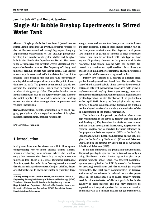 (PDF) Single Air Bubble Breakup Experiments in Stirred Water Tank