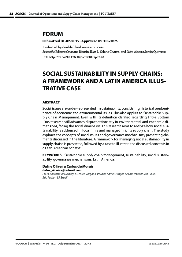 (PDF) Social sustainability in supply chains: A framework and a Latin ...
