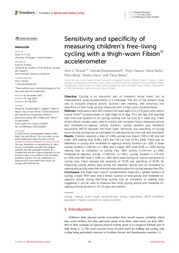 Sensitivity and specificity of measuring children's free-living cycling ...