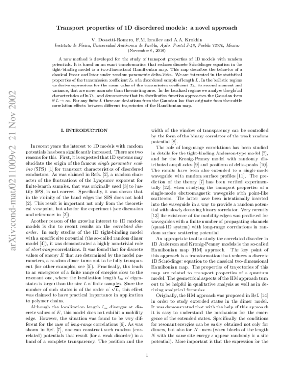 (PDF) Transport properties of 1D tight-binding disordered models: the Hamiltonian map approach