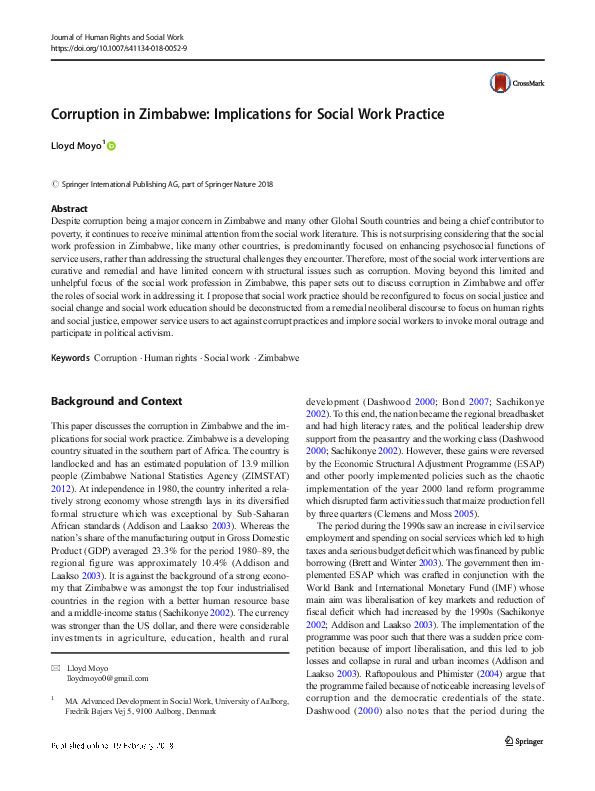 (PDF) Corruption in Zimbabwe: Implications for Social Work Practice