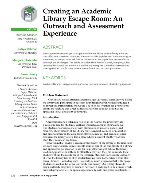 (PDF) Creating an Academic Library Escape Room Pre- and Post-Pandemic